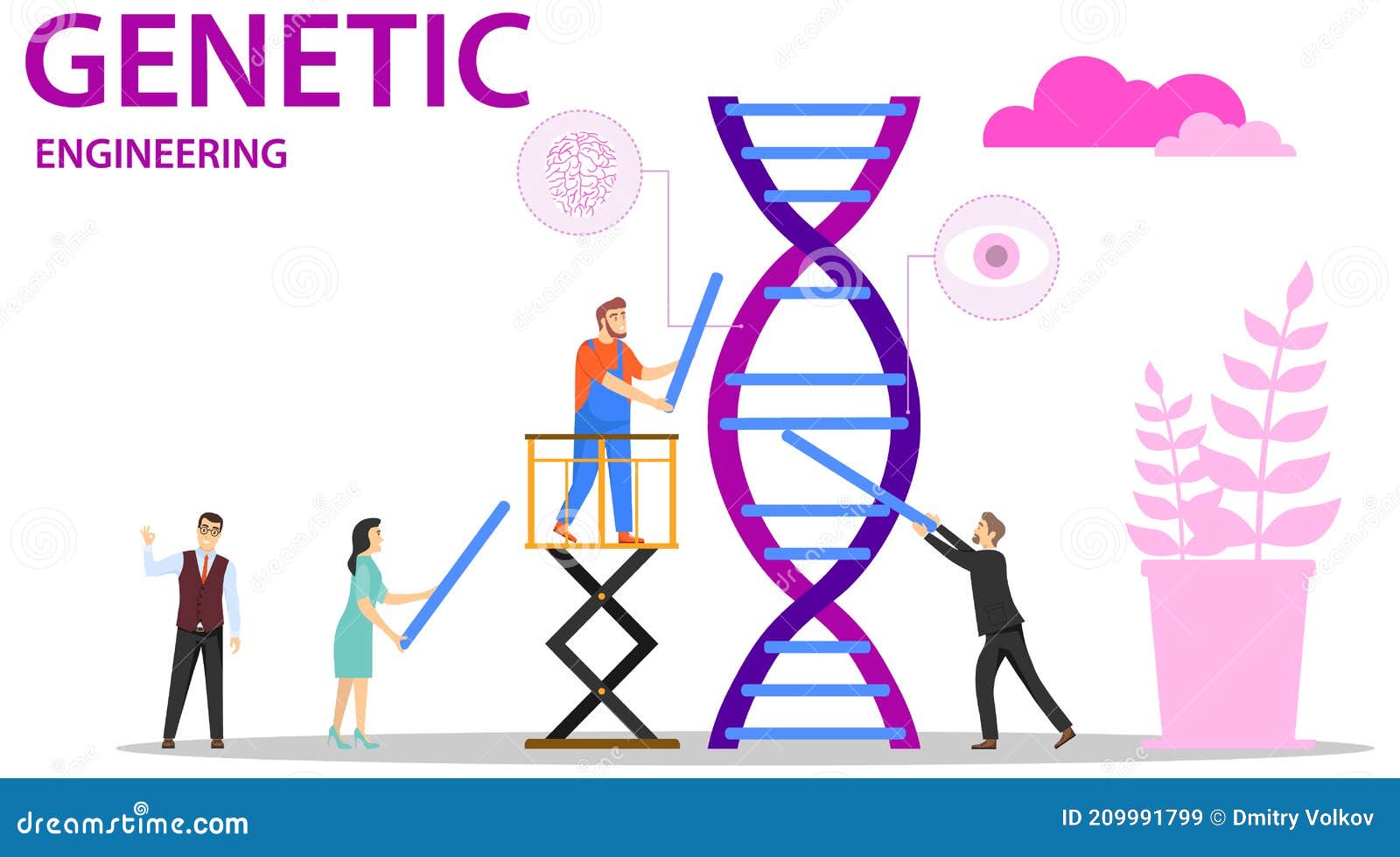 Genetics, a Group of Human Characters Collects the Genetic Code. Vector ...