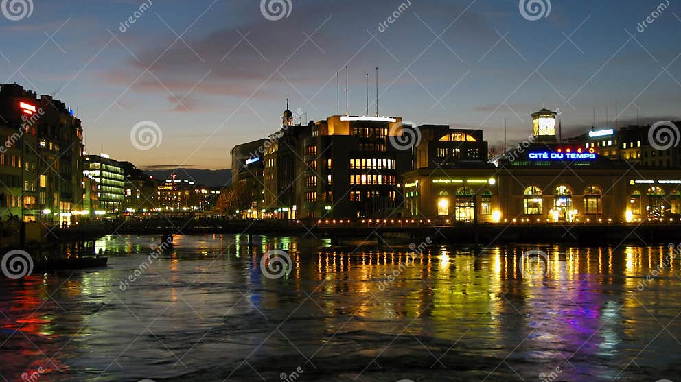Geneva Skyline at Night, CH Stock Image - Image of center, sunset: 3642223