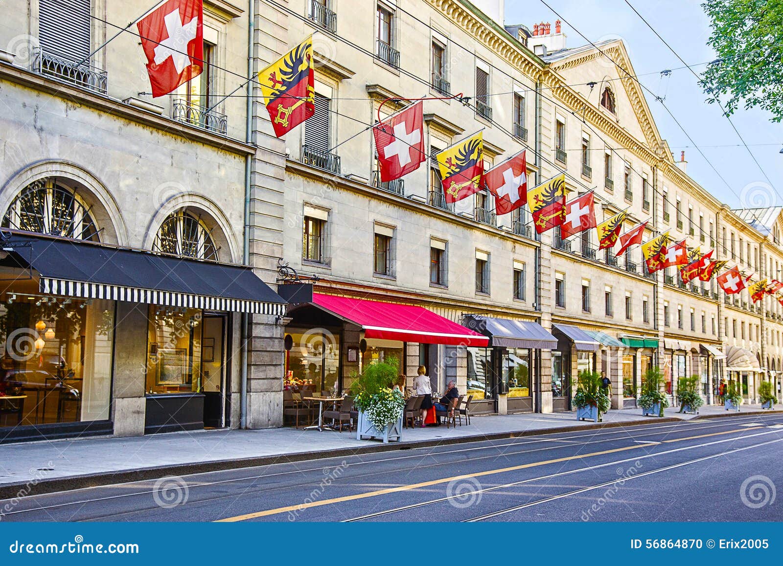 Geneva Street View in Summer Stock Photo - Image of sightseeing, shop ...