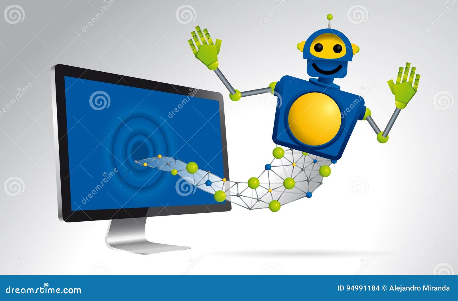 Genie Blue Robot Floating Out of the Screen of a Computer on White ...