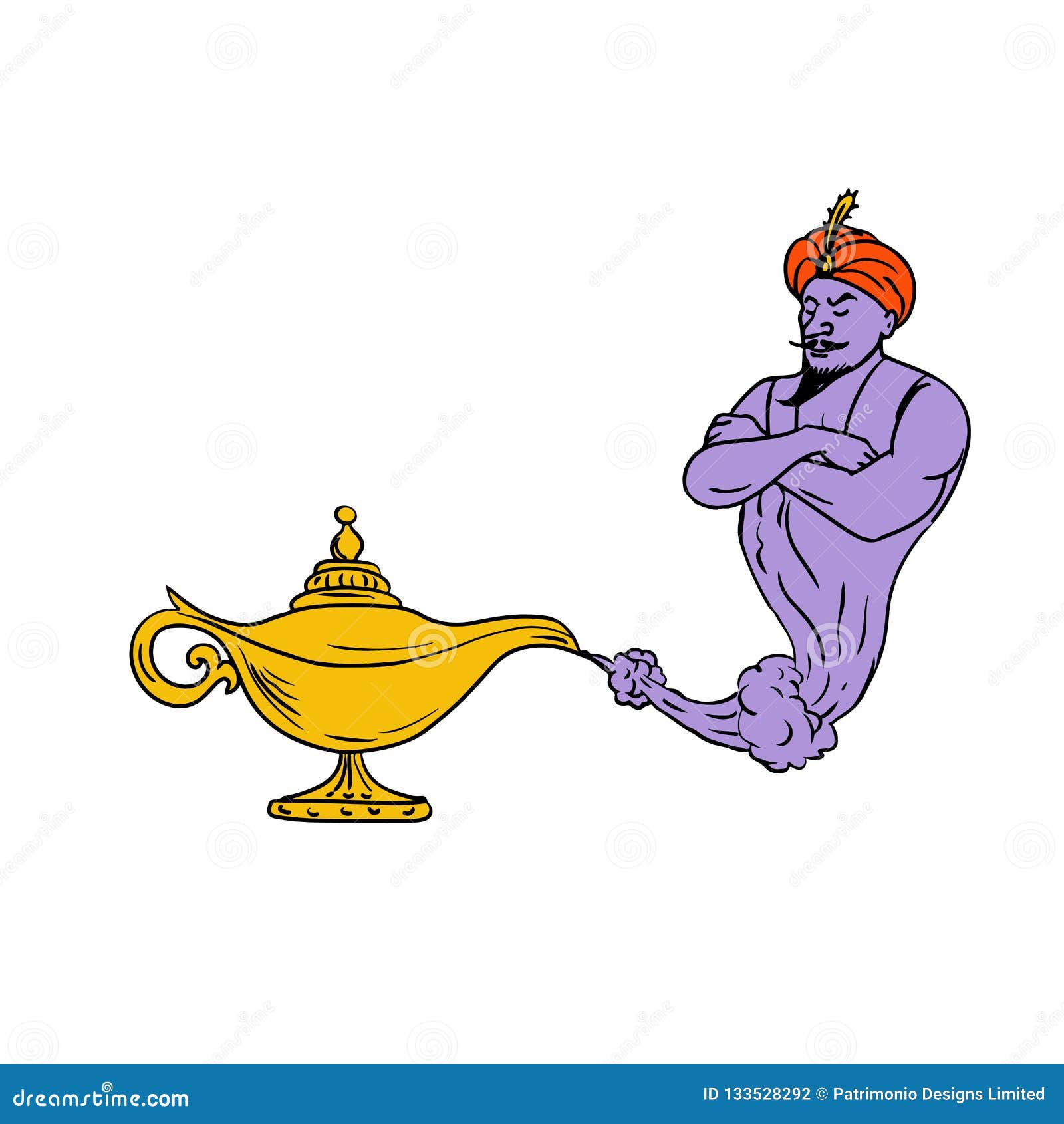 Genie Coming Out Of Golden Oil Lamp Drawing Color Stock Vector