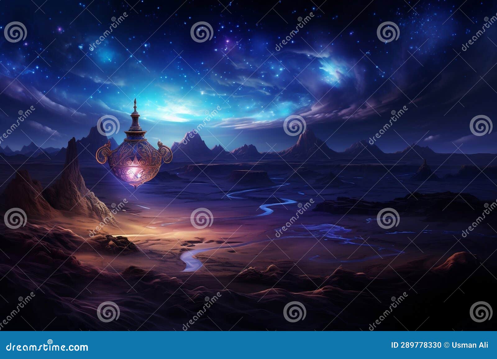 Genie in the Desert: Magic Lamp at Night. AI Stock Photo - Image of ...