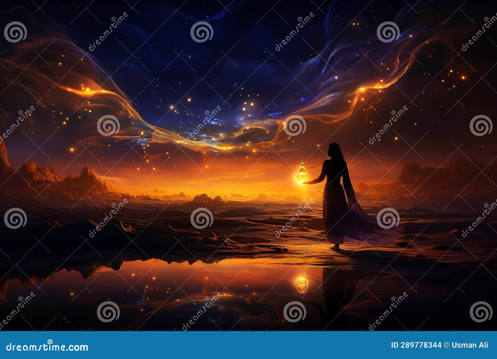 Genie in the Desert: Magic Lamp at Night. AI Stock Photo - Image of ...