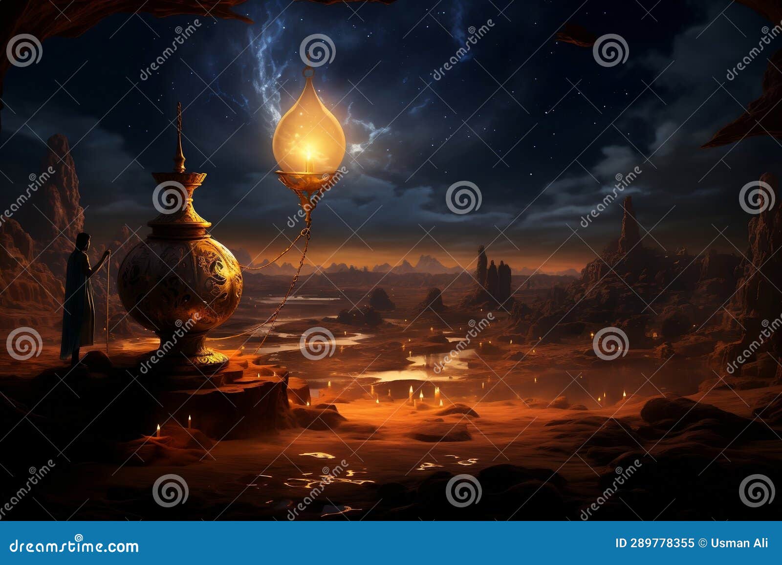 Genie in the Desert: Magic Lamp at Night. AI Stock Illustration ...