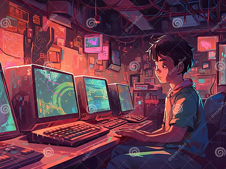 Genius Little Boy As a Hacker is Coding and Programming on Computer ...