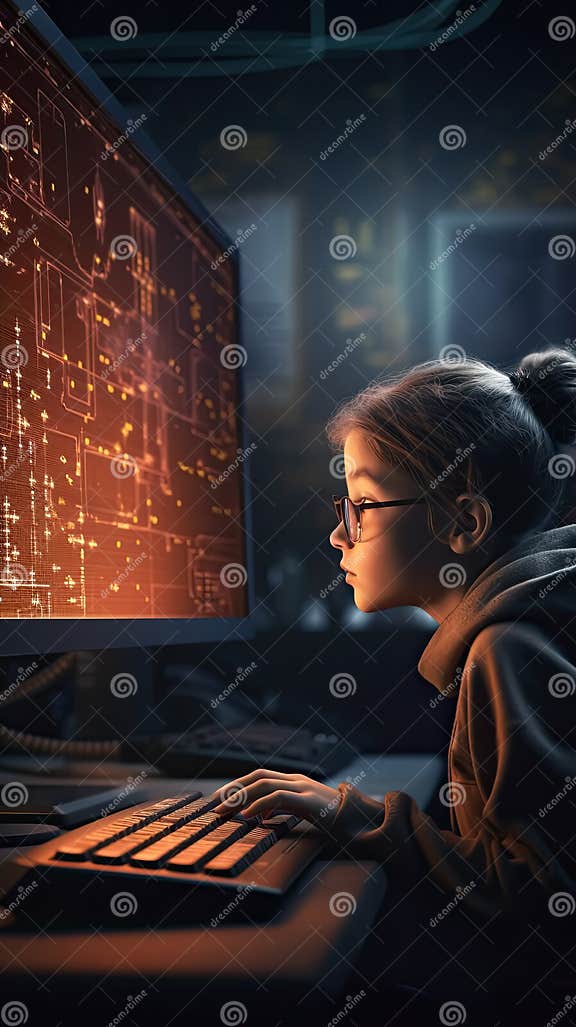 Genius Little Boy As A Hacker Is Coding And Programming On Computer Technology Generative Ai 4789