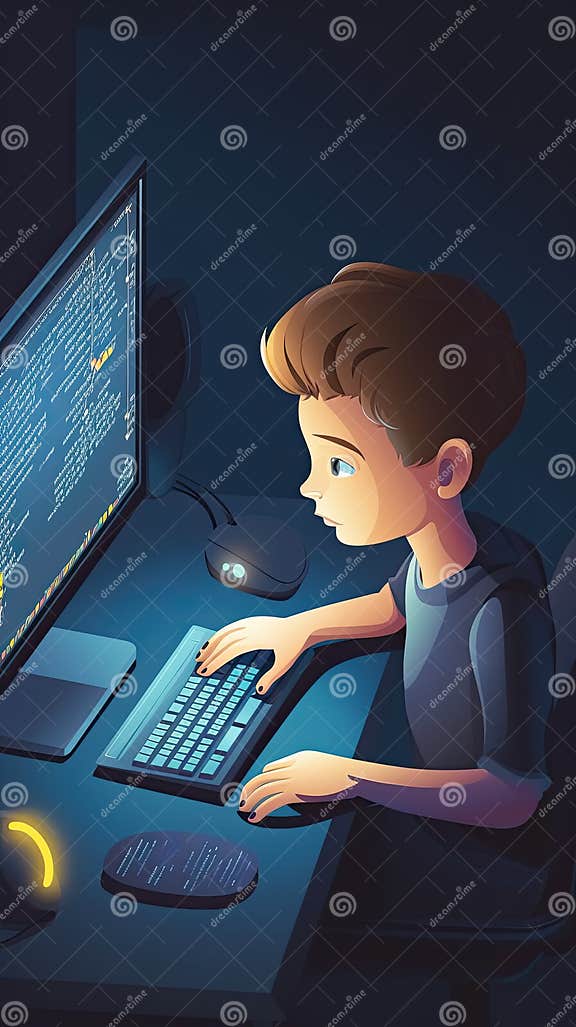 Genius Little Boy As A Hacker Is Coding And Programming On Computer Technology Generative Ai 8959
