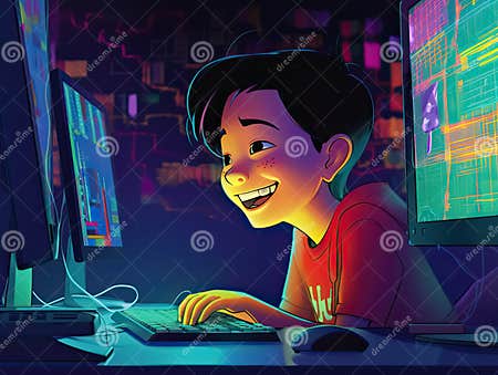 Genius Little Boy As a Hacker is Coding and Programming on Computer ...