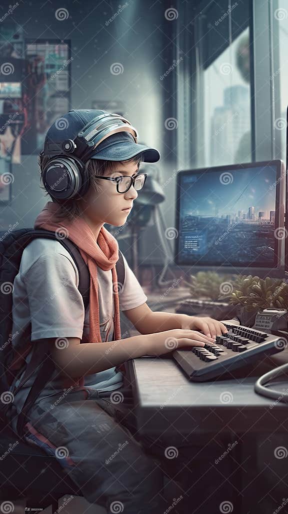 Genius Little Boy As a Hacker is Coding and Programming on Computer Technology. Stock ...