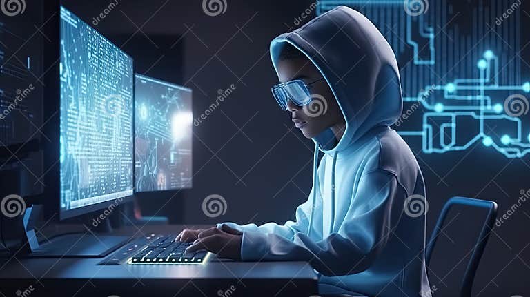 Genius Little Boy As a Hacker is Coding and Programming on Computer ...