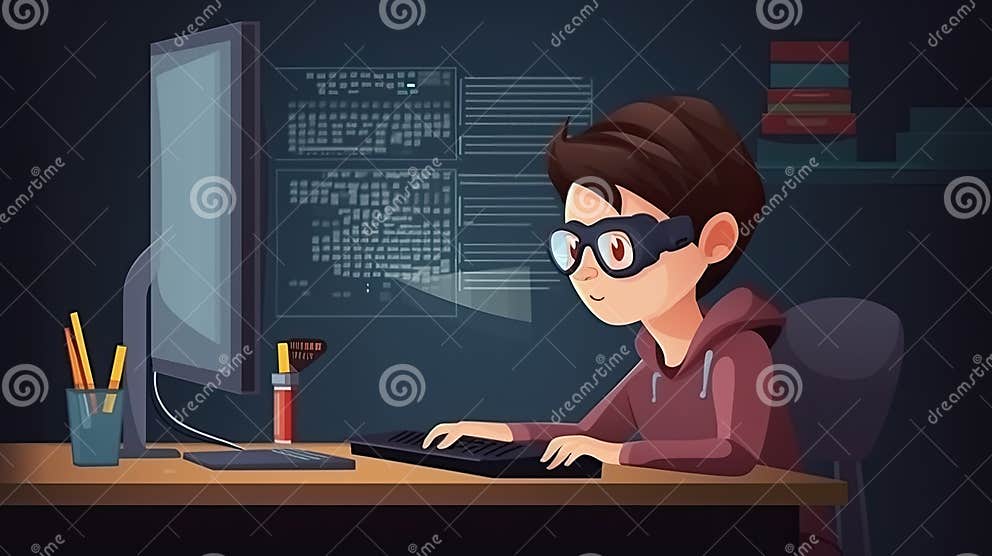 Genius Little Boy As a Hacker is Coding and Programming on Computer ...
