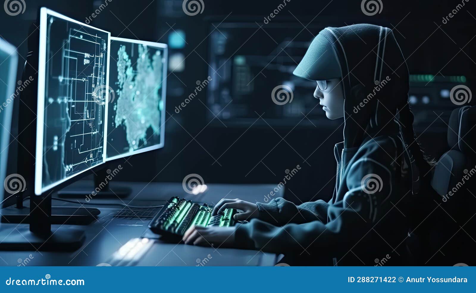 Genius Little Boy As a Hacker is Coding and Programming on Computer Technology Stock ...