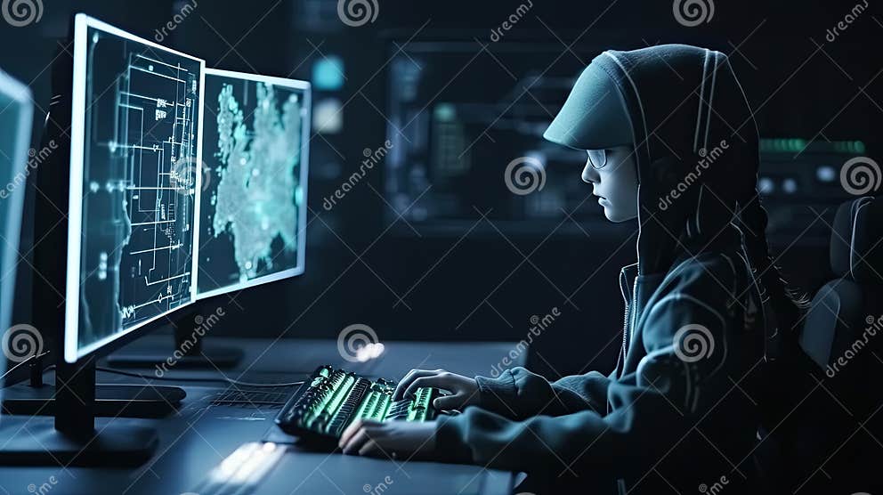 Genius Little Boy As a Hacker is Coding and Programming on Computer ...