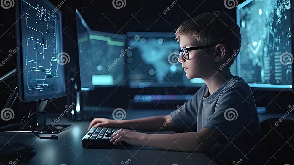 Genius Little Boy As a Hacker is Coding and Programming on Computer ...