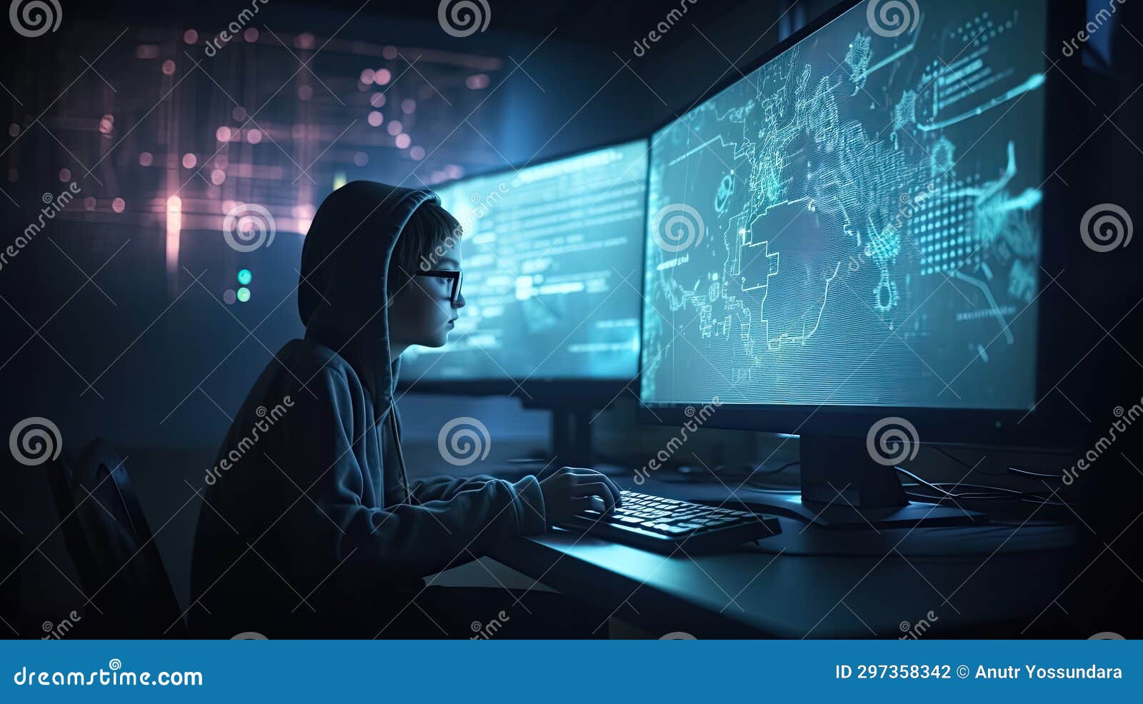 Genius Little Boy As a Hacker is Coding and Programming on Computer ...