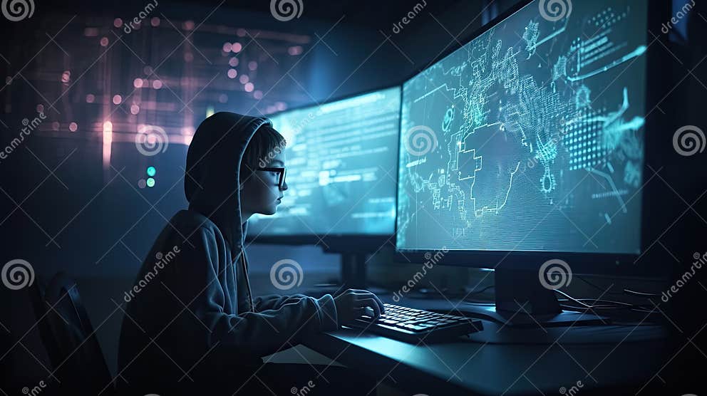 Genius Little Boy As a Hacker is Coding and Programming on Computer ...