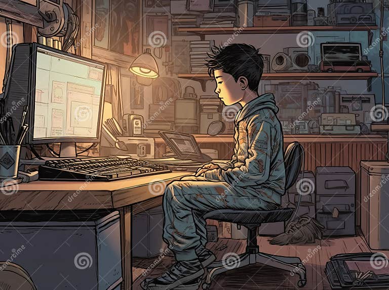 Genius Little Boy As a Hacker is Coding and Programming on Computer Technology. Stock ...