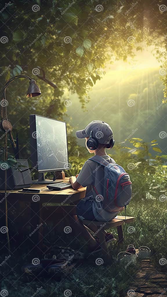 Genius Little Boy As a Hacker is Coding and Programming on in Outdoor ...