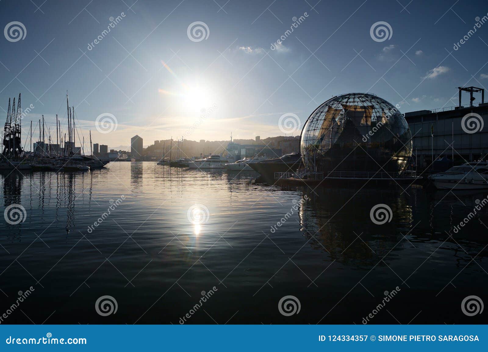 Genova Porto Antico Harbor View With Cranes And Lanterna Landmark ...