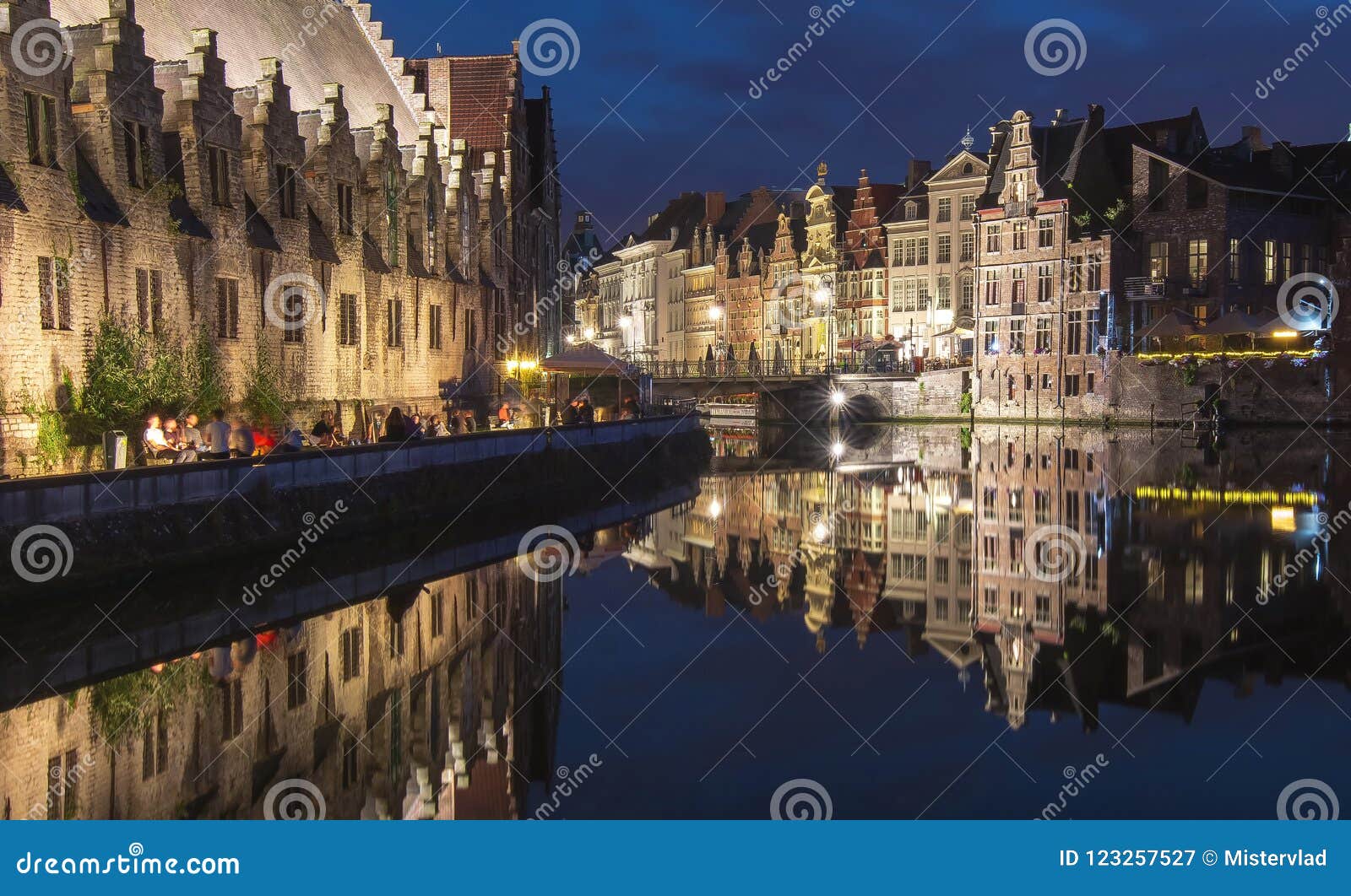 Gent Old Town Canals at Night, Belgium Stock Image - Image of ...