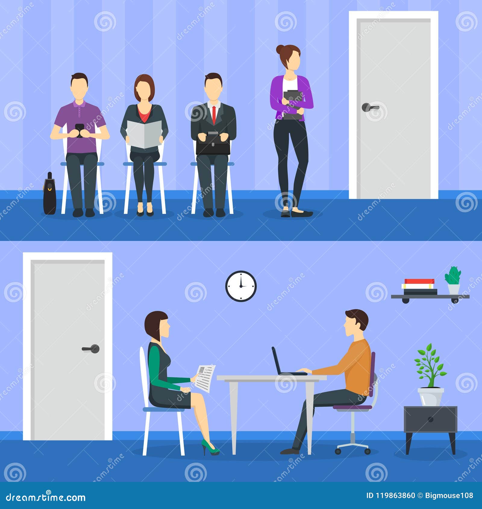 Gente De La Historieta Que Espera a Job Interview Concept Vector ...