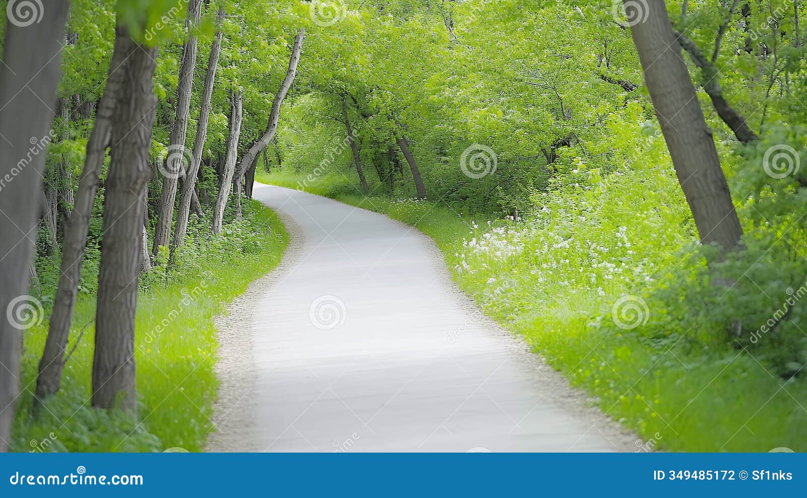A Gentle Curve in a Forest Path Surrounded by Dense Trees and Fresh ...