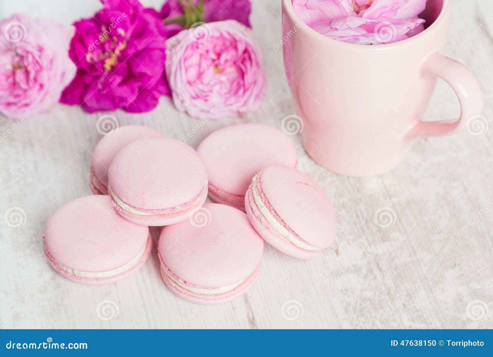 Gentle Pink Macaroons with Rose Stock Photo - Image of confection ...