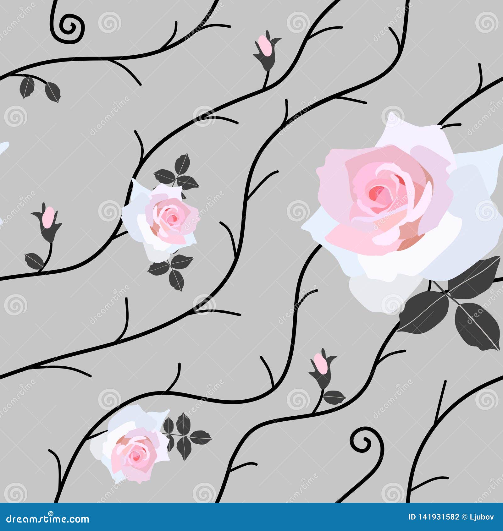 Gentle Seamless Pattern with Abstract Branches and Beautiful Pink Rose ...