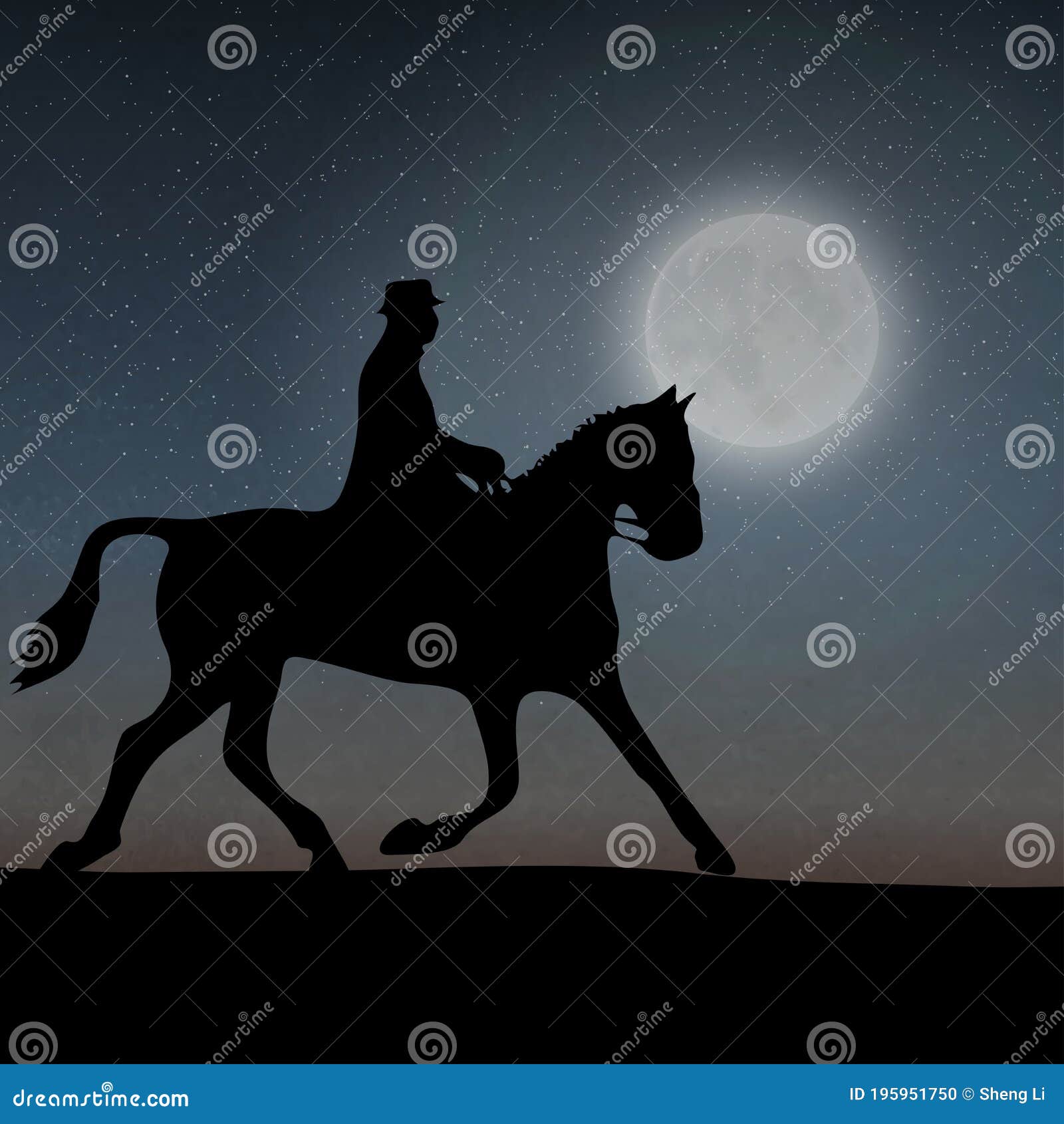 A Gentleman Riding a Horse Under the Moonlight Stock Vector ...