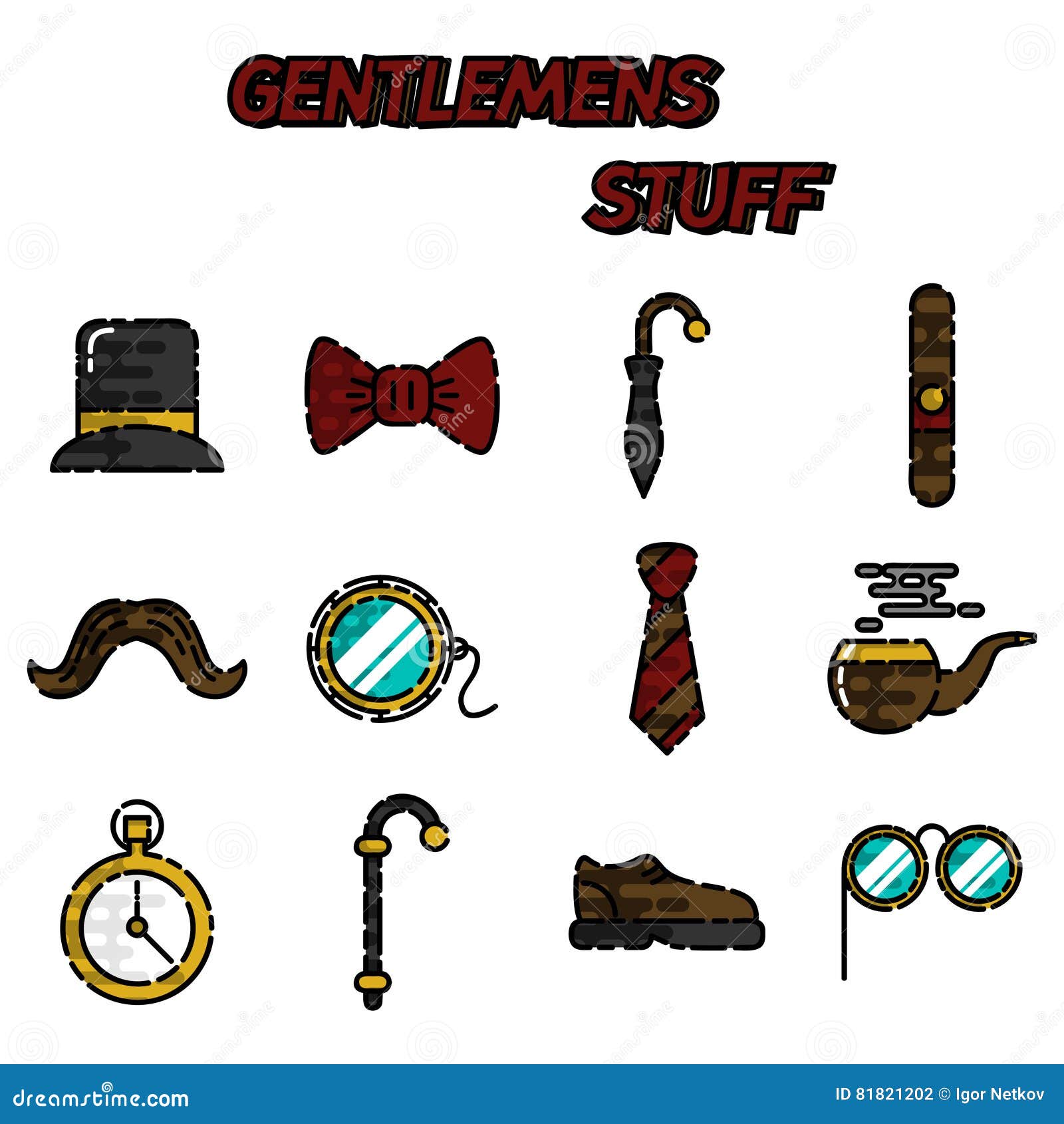 Gentlemens Vintage Stuff Flat Icon Set Stock Vector - Illustration of ...