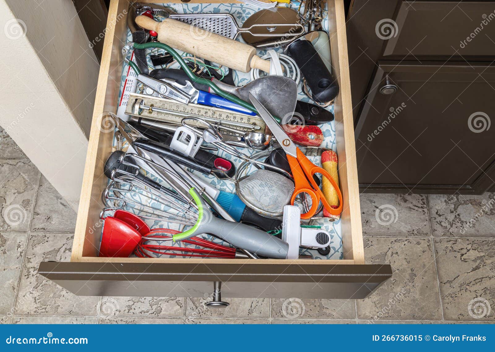 Kitchen Junk Drawer stock image. Image of full, catchall - 266736015