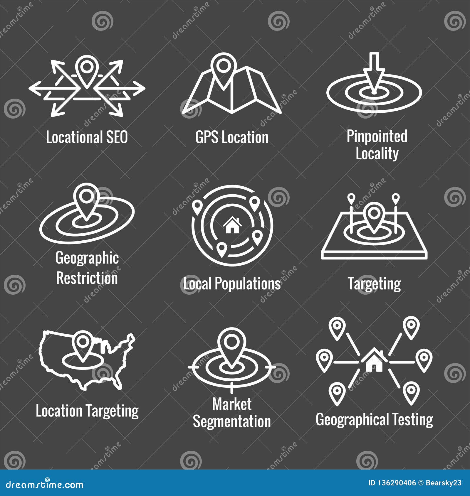 Geo Location Targeting with GPS Positioning and Geolocation Icon Set ...