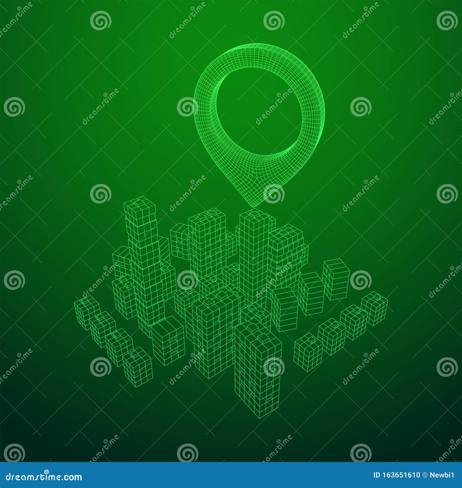 Geo Map Pin on Mesh Cubes City Array Wireframe Mesh Stock Vector ...