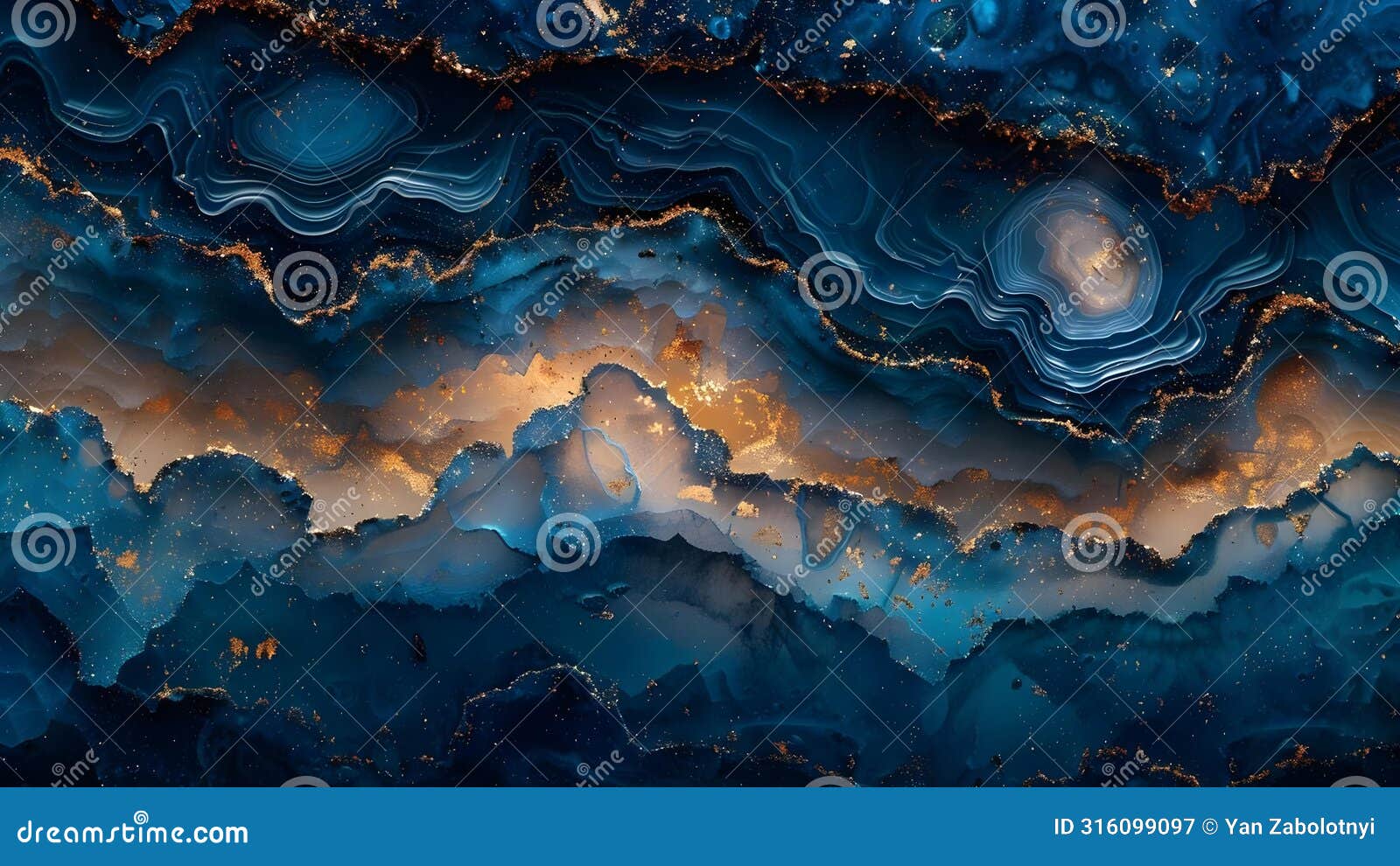 Geode-inspired Abstract Artwork in Dark Blue, Light Blue, and Gold ...