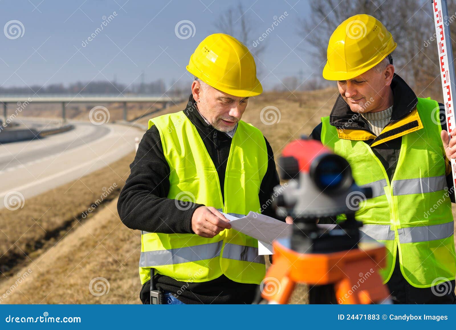 Geodesist Two Man Theodolite Stand Highway Stock Image - Image of ...