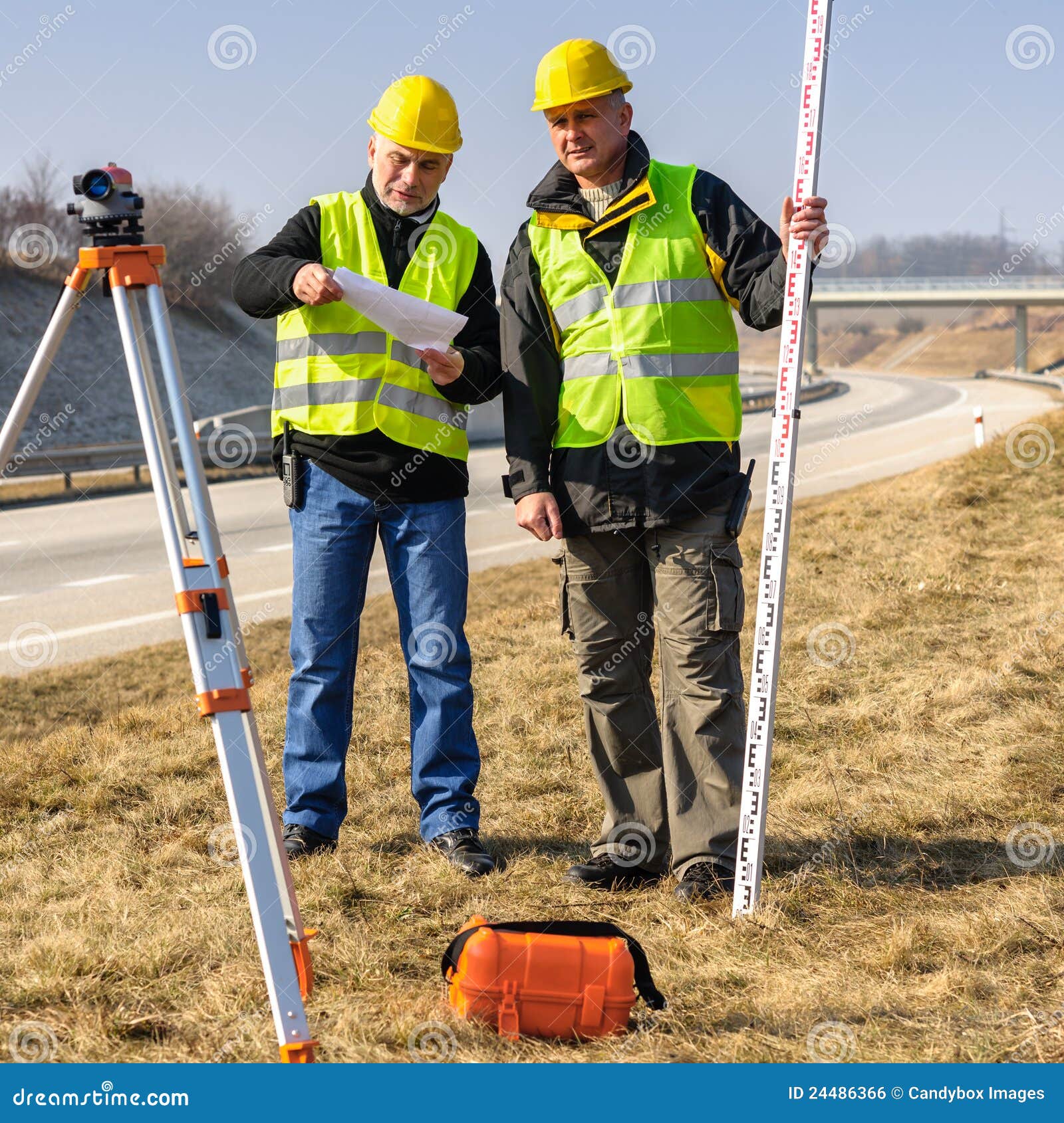 Geodesist Two Man Theodolite Stand Highway Stock Photo - Image of ...