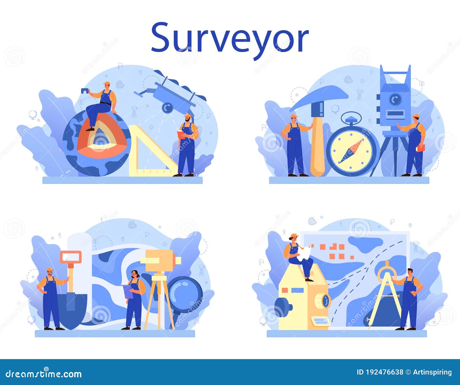 Geodesy Science Concept Set. Land Surveying Technology Stock Vector ...
