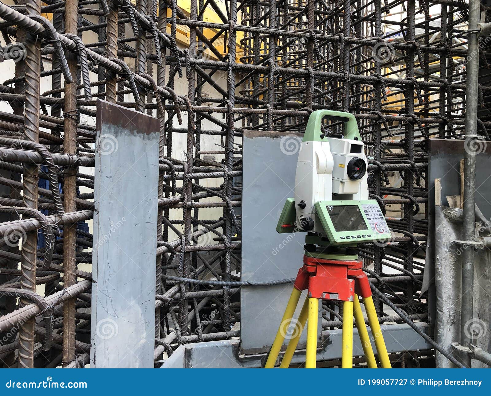 Tripod Of A Total Station Tripod, Surveying And Measuring Work Stock ...