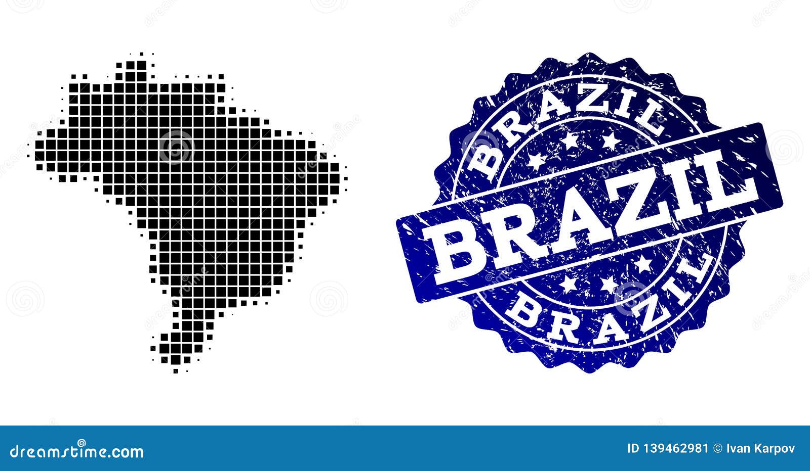 Collage of Halftone Dotted Map of Brazil and Grunge Stamp Watermark ...