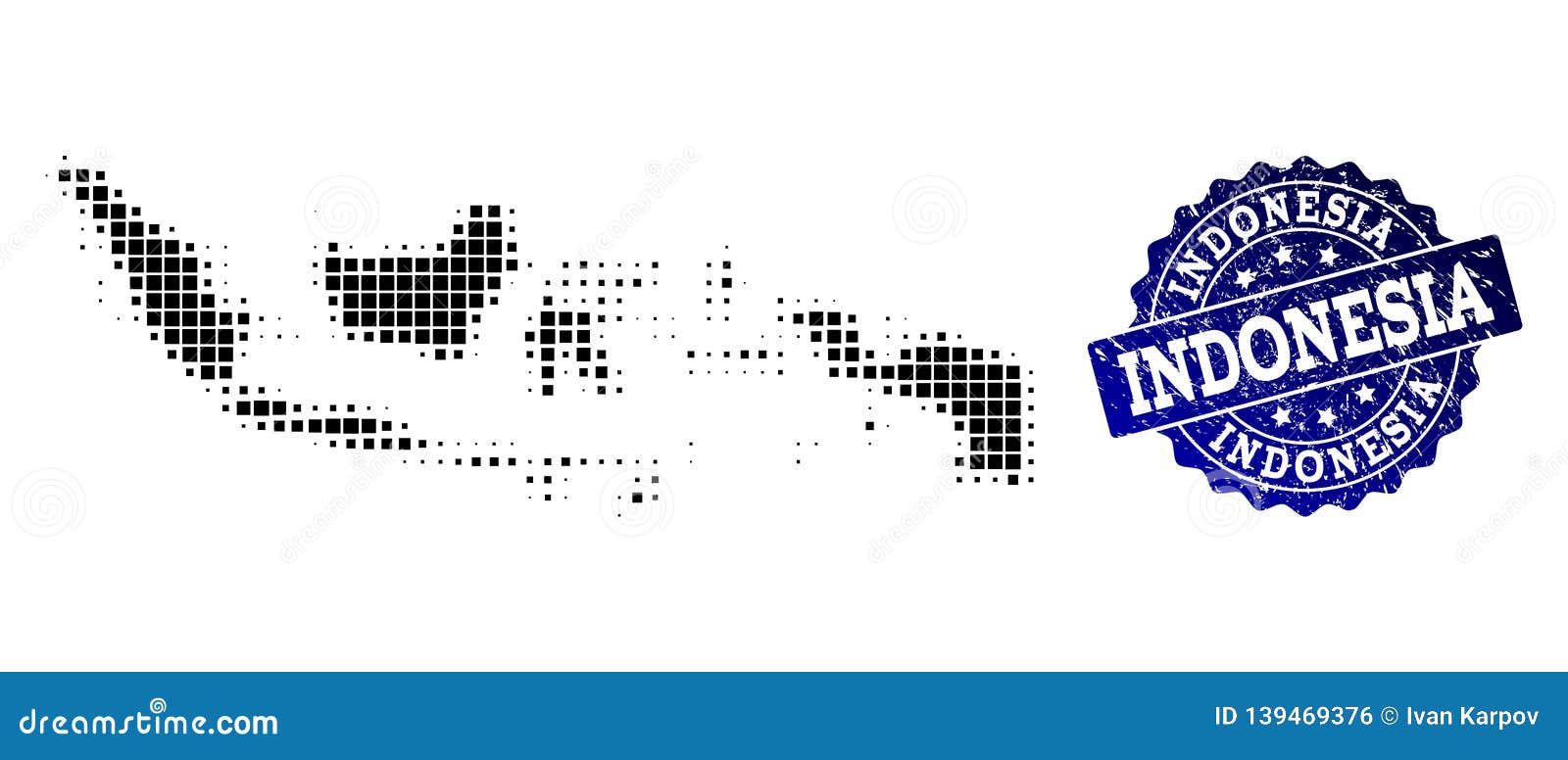 Collage of Halftone Dotted Map of Indonesia and Grunge Stamp Watermark ...