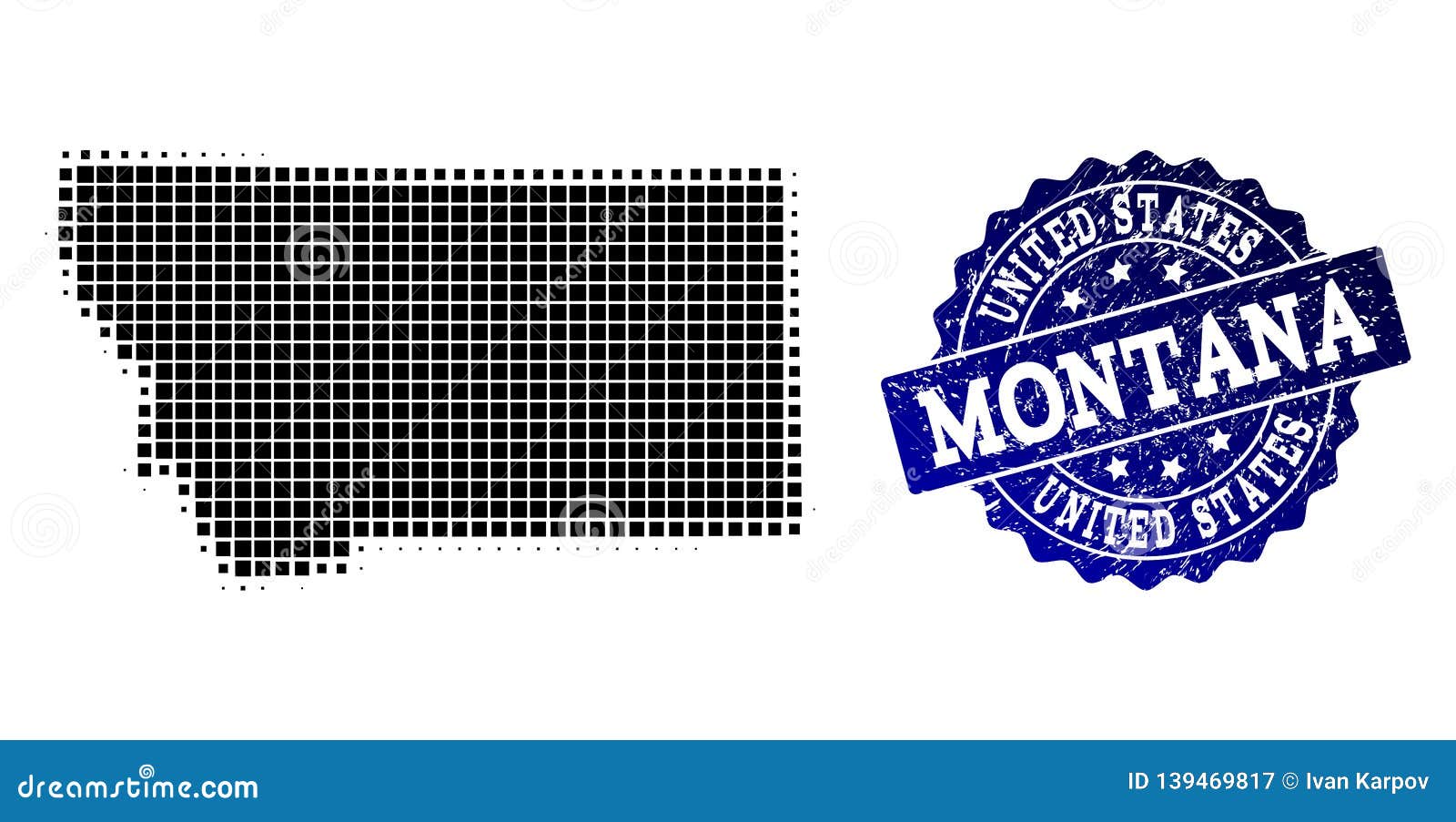 Composition of Halftone Dotted Map of Montana State and Grunge Stamp ...