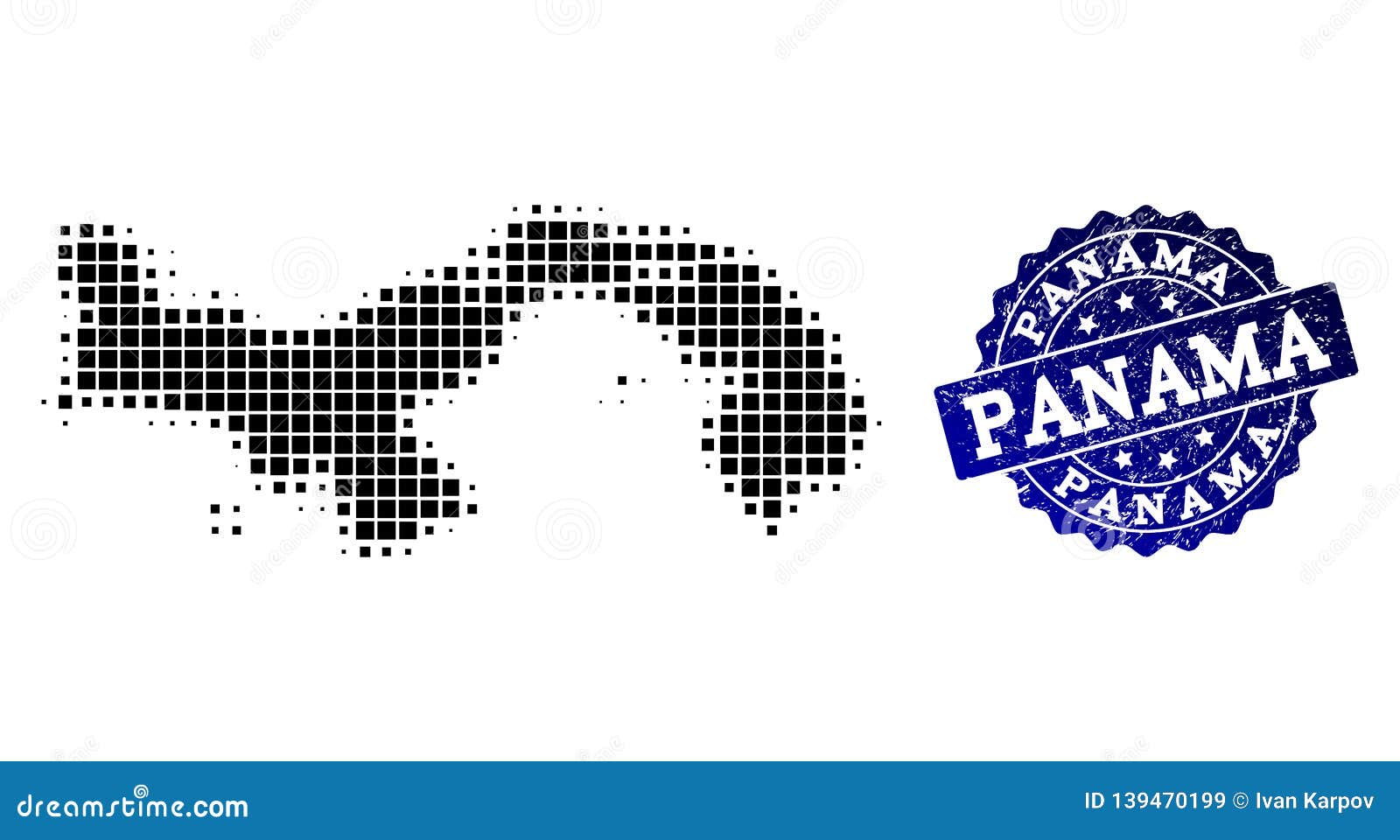 Collage of Halftone Dotted Map of Panama and Grunge Stamp Watermark ...