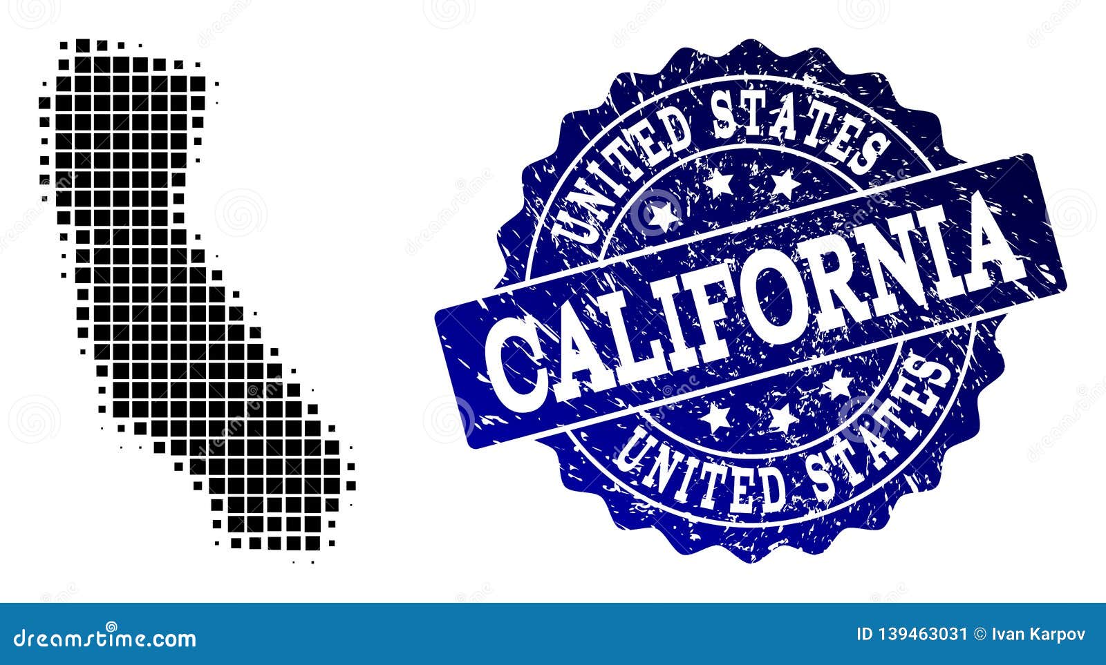 Collage of Halftone Dotted Map of California and Grunge Stamp Watermark ...