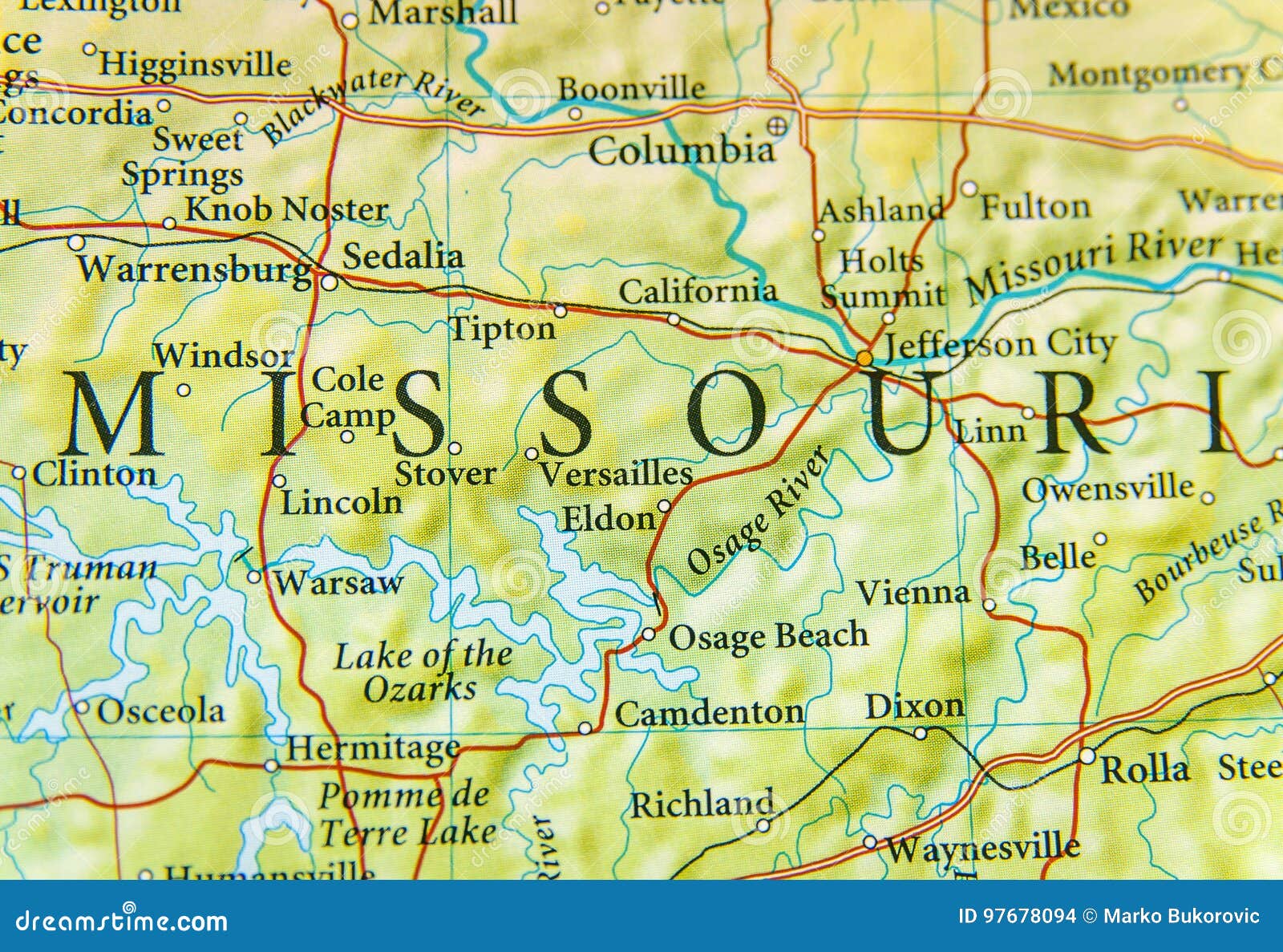 Geographic Map of Missouri Close Stock Photo - Image of lake, business ...