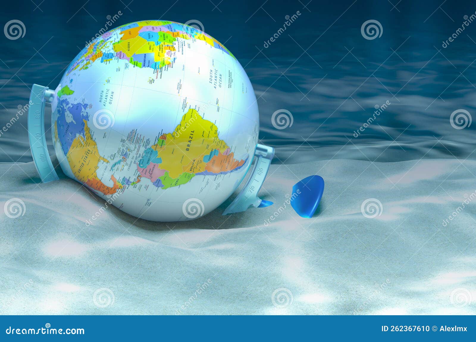 Geographical Globe of Planet Earth on Ocean Bottom Underwater, 3D ...