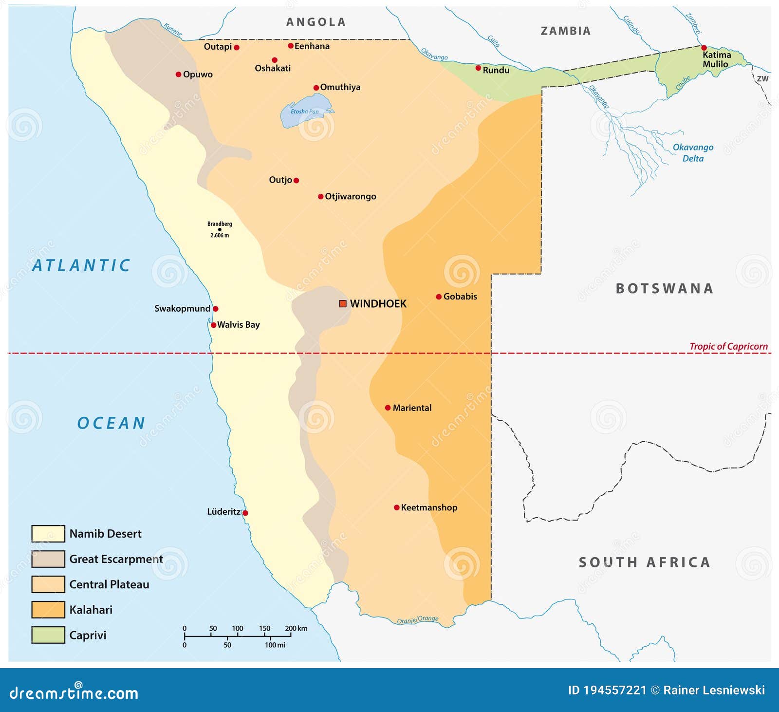 Geographical Vector Map of the Five Natural Areas of Namibia Stock ...