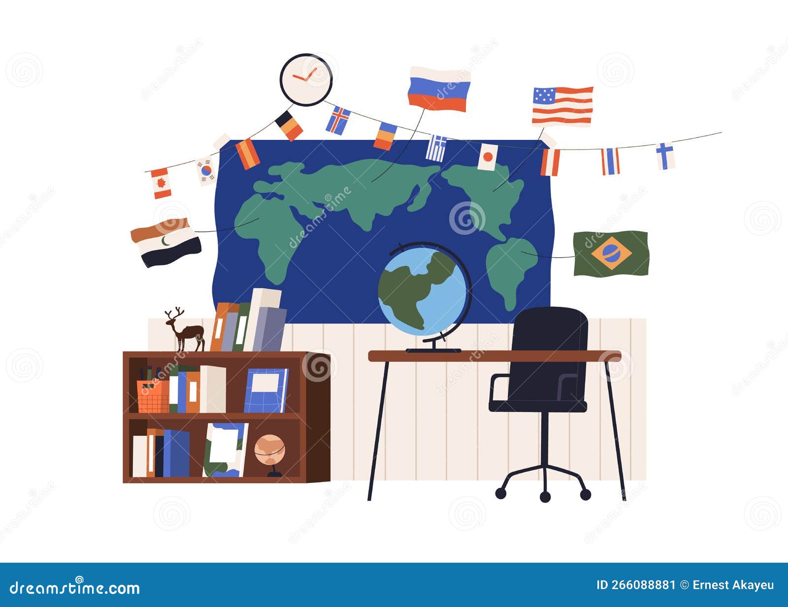 Geography Classroom With World Map, Country Flags, Globe. Empty School ...