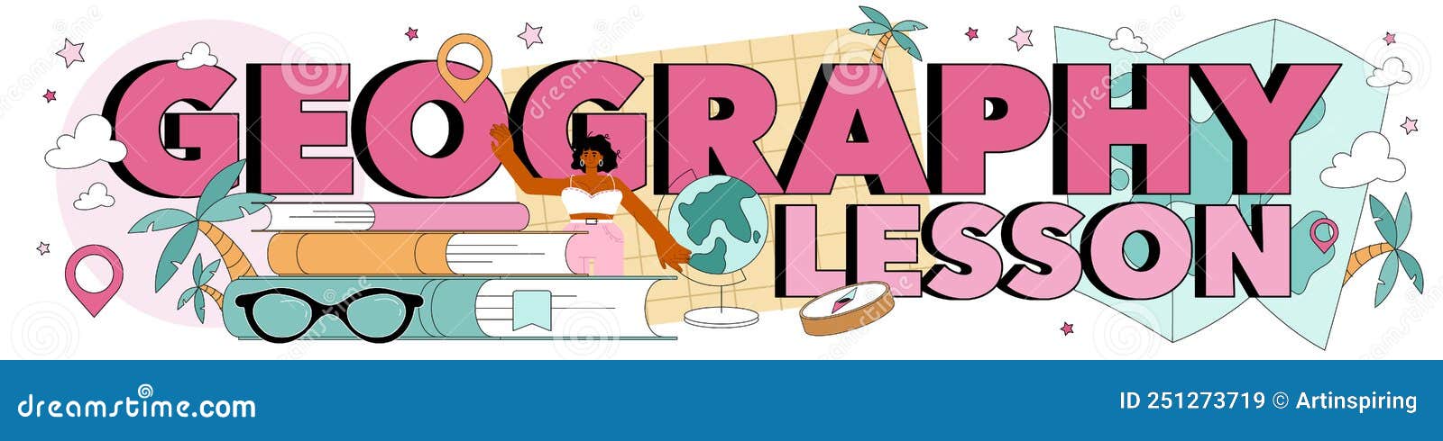 Geography Lesson Typographic Header. Students Learning the Lands and ...