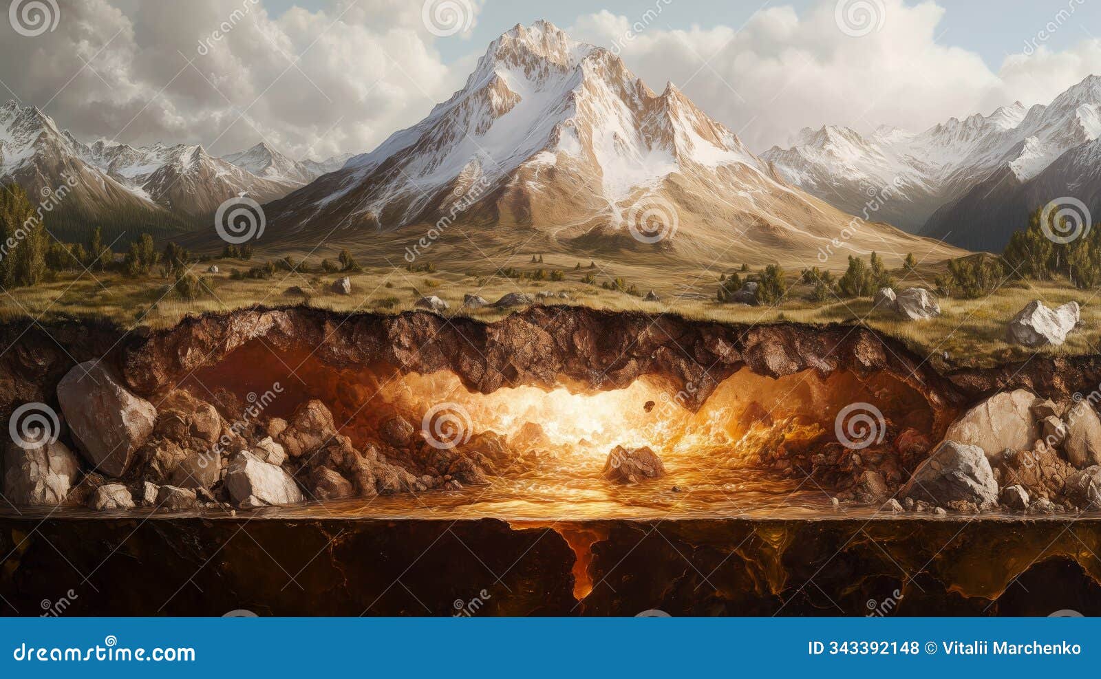 Geological Cross Section of Earth with Mountain Landscape and Molten ...