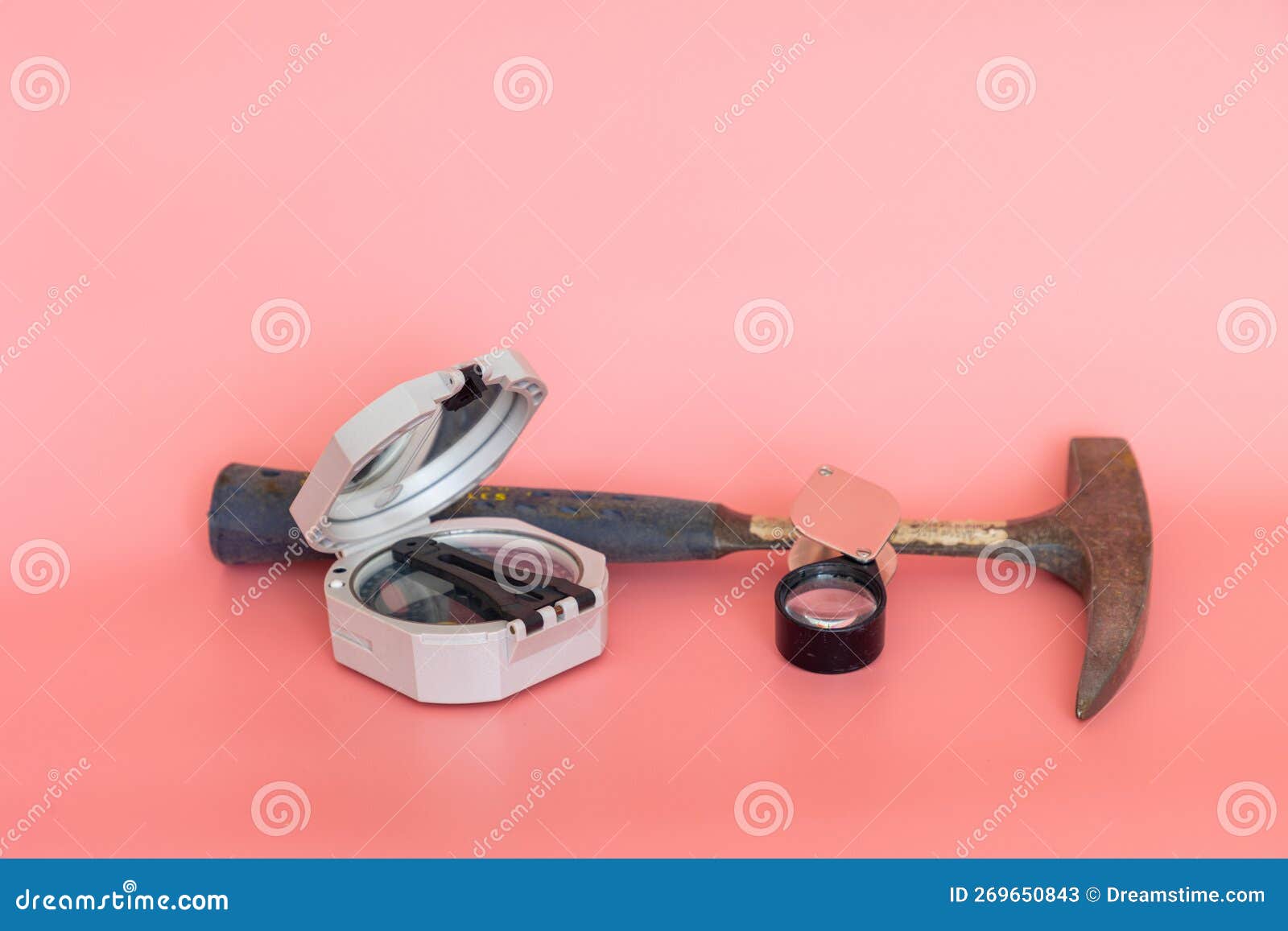 Geological Fieldwork Tools: Hammer, Compass, Magnifying Glass, Rock ...